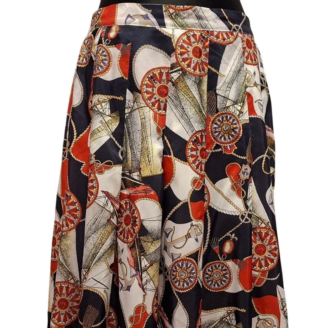 Vintage Nautical Sailboat Compass Anchor Print Midi Skirt Women's Navy ...