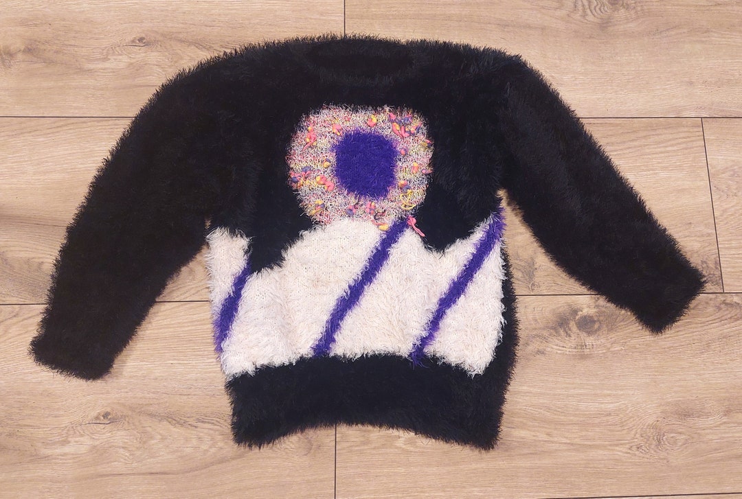 Vintage 90's Black Furry Sweater With Big Picture, Retro Cozy Fluffy ...