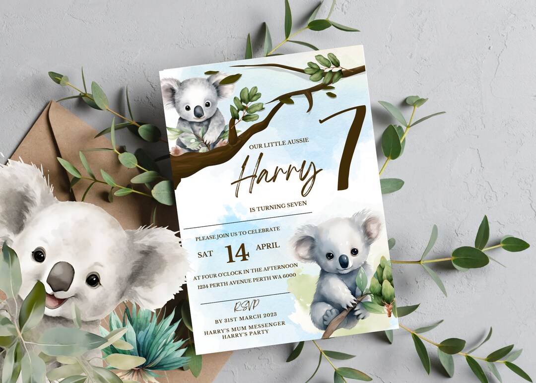 Invitación de cumpleaños de Koala de 7 años, EDITABLE, Invitación de ...