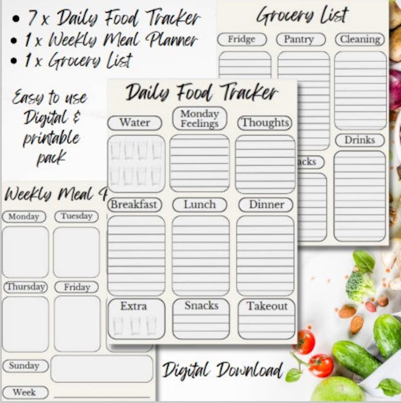 Simple Daily Food Tracker Grocery List Weekly Meal Planner - Etsy