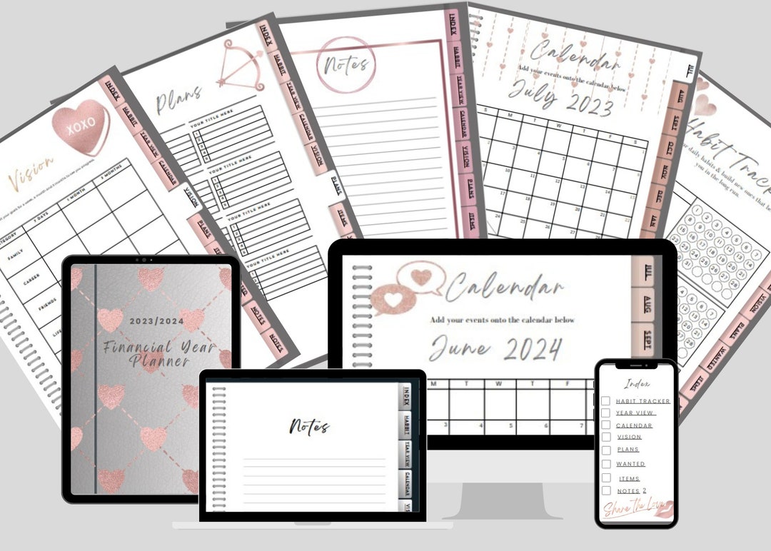 Rose Gold Detail Digital Hyperlinked Planner, 2023 2024 Mid Year ...