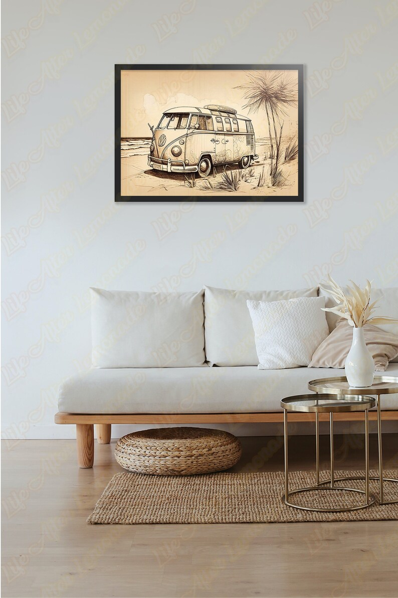 Sepia Tone Drawing VW Van Life Digital Art Download. Relaxing Beach ...
