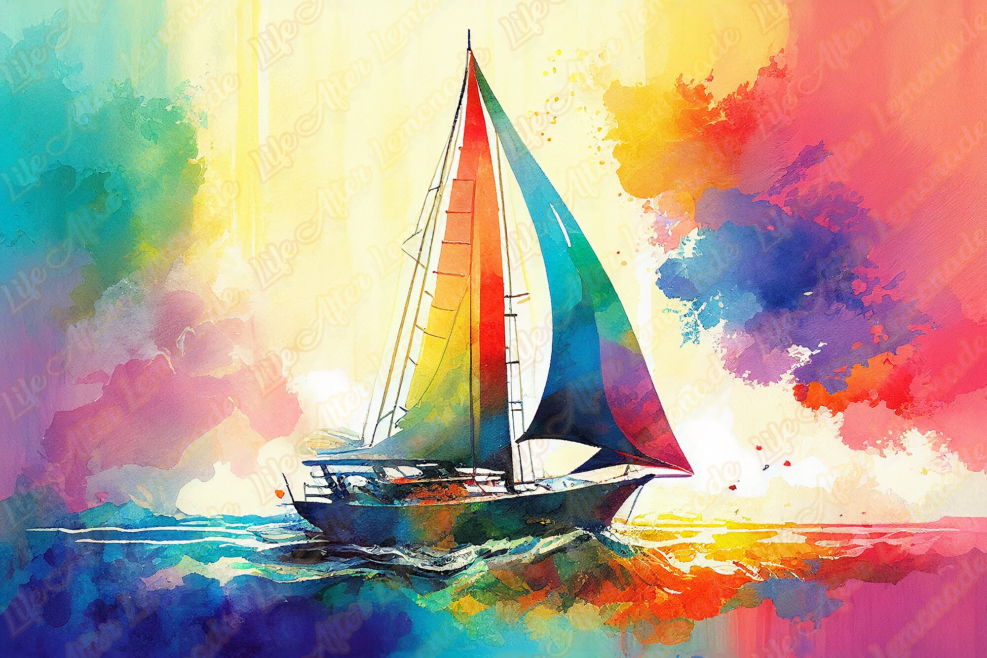 Stunning Sunset Sailing Yacht Ocean Scene. Watercolour Style, Bright ...