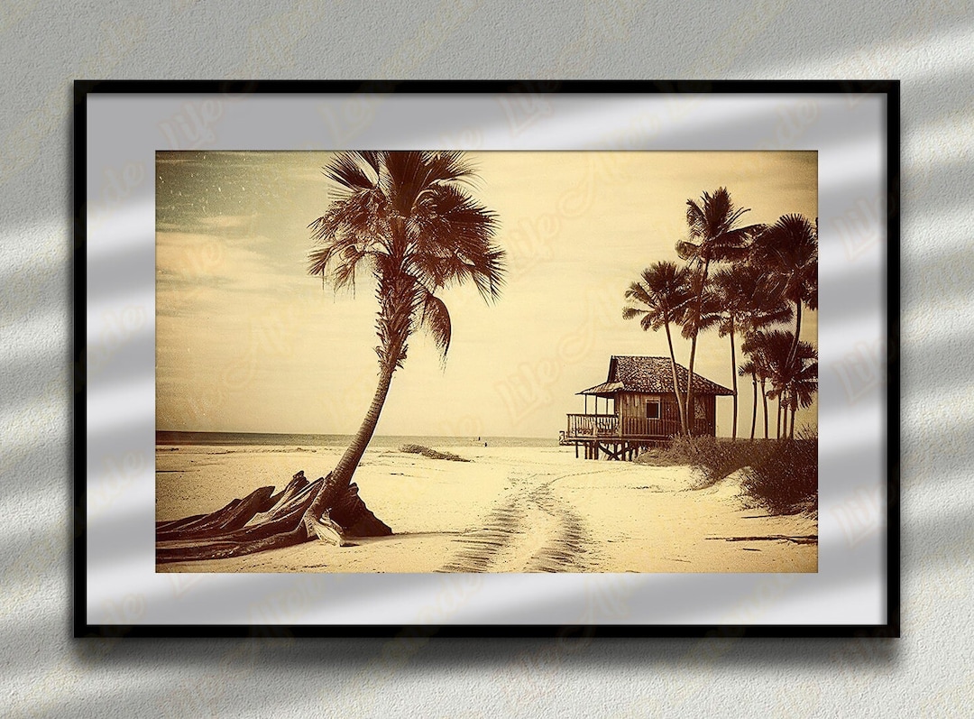 Vintage Picture of a Rustic Beach Hut on a Sandy, Tropical, Palm Tree ...