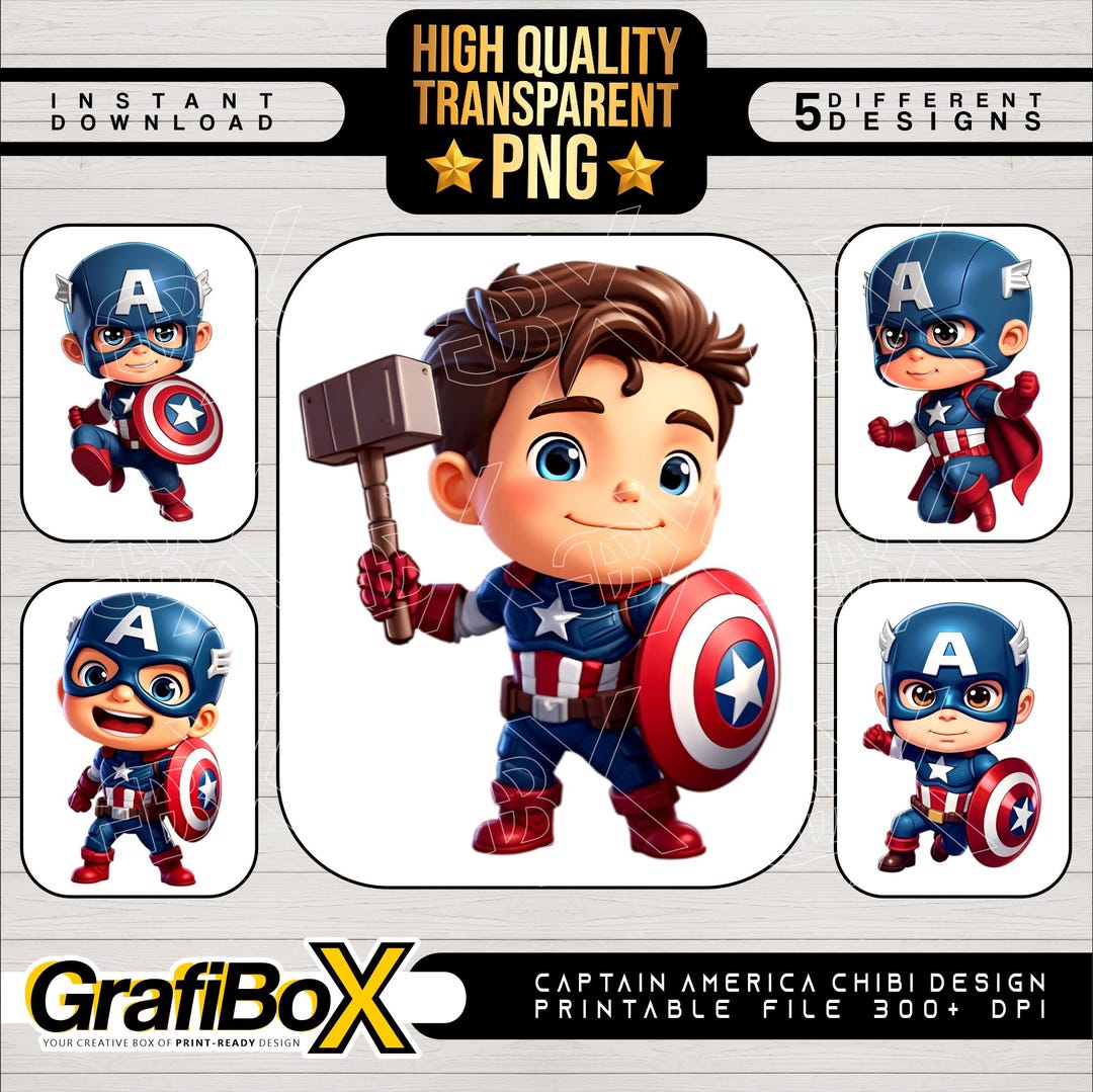 Chibi Design Captain America PNG, Marvel Png, Mjolnir Bundle Png, Hero ...