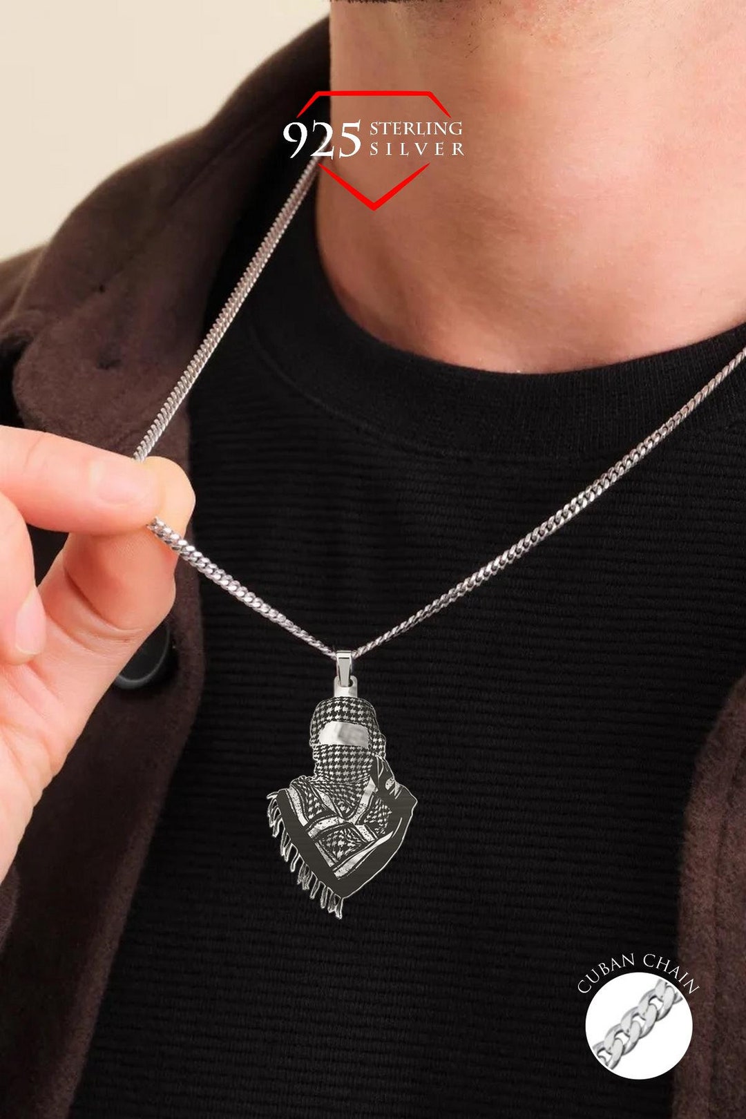 Palestine Keffiyeh 925 Sterling Silver Curb Chain Necklace, Kuffiyeh, Kefiya, Kuffiya, كوفية ...