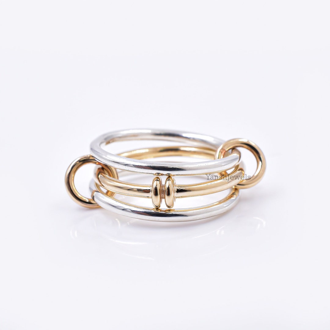 14K Yellow Gold and Silver Multi Band Ring Plain Link Band Ring Jewelry ...