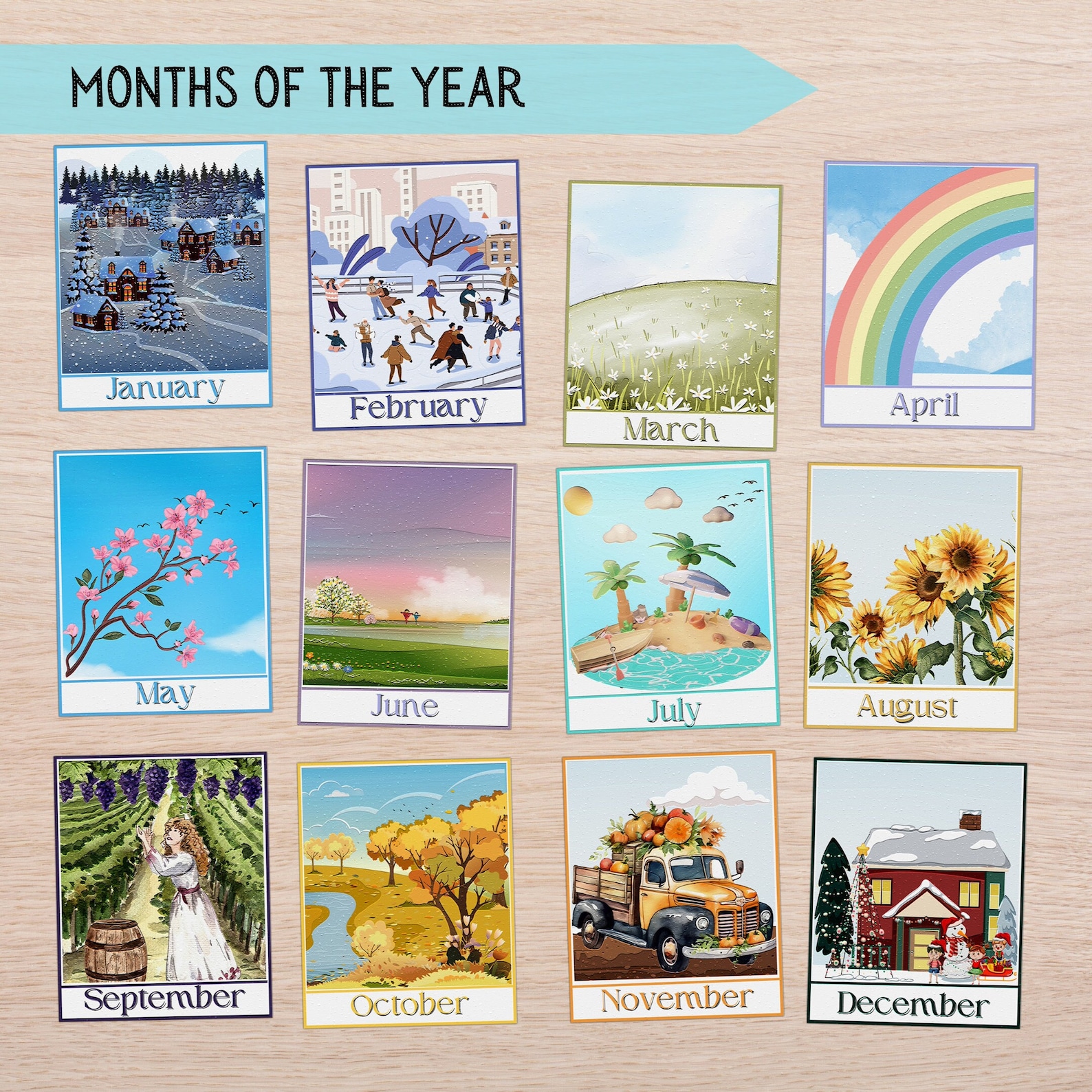 Months of the Year Flash Cards and Posters, Four Seasons Printable ...