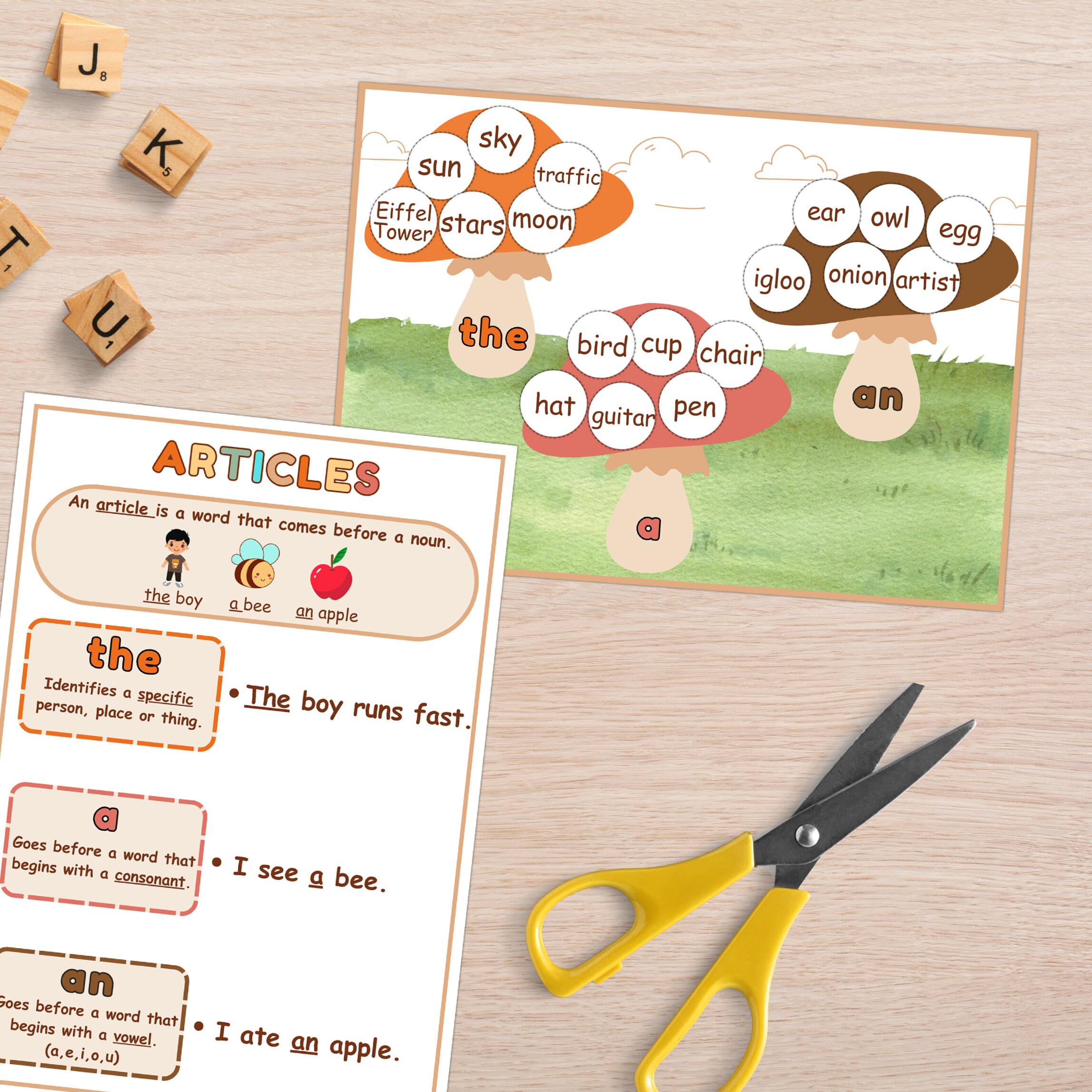 English Grammar Articles Matching Game: Montessori Homeschool Activity ...
