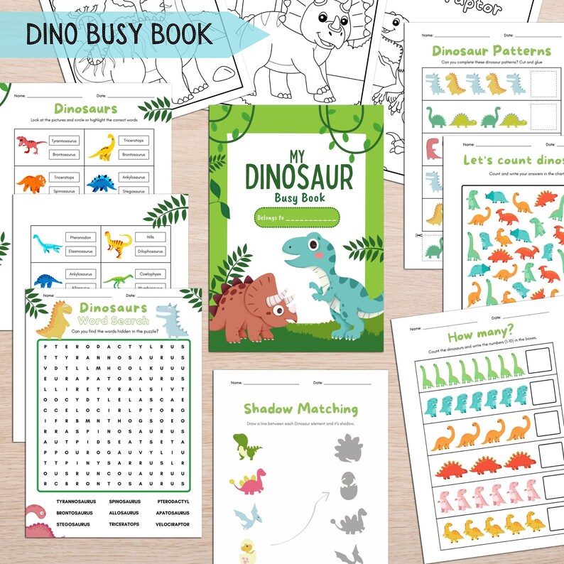 Dinosaur Toddler Busy Book, Jurassic Pre-k Worksheets, Develop Fine ...