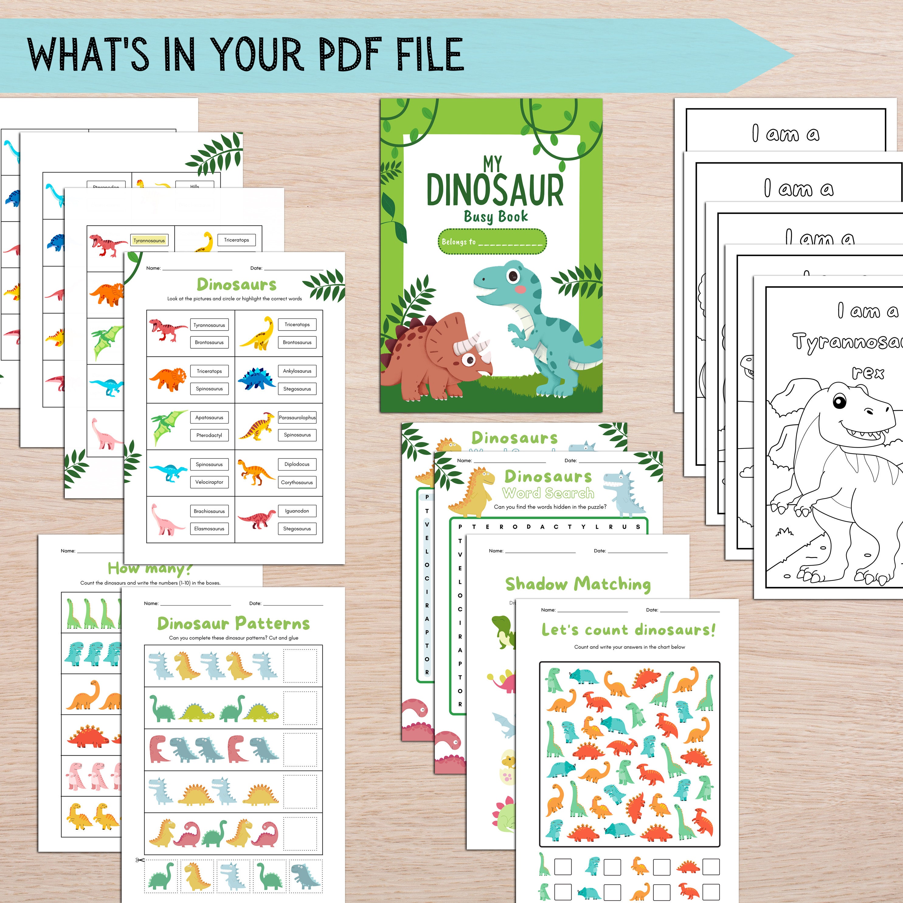 Dinosaur Toddler Busy Book, Jurassic Pre-k Worksheets, Develop Fine ...