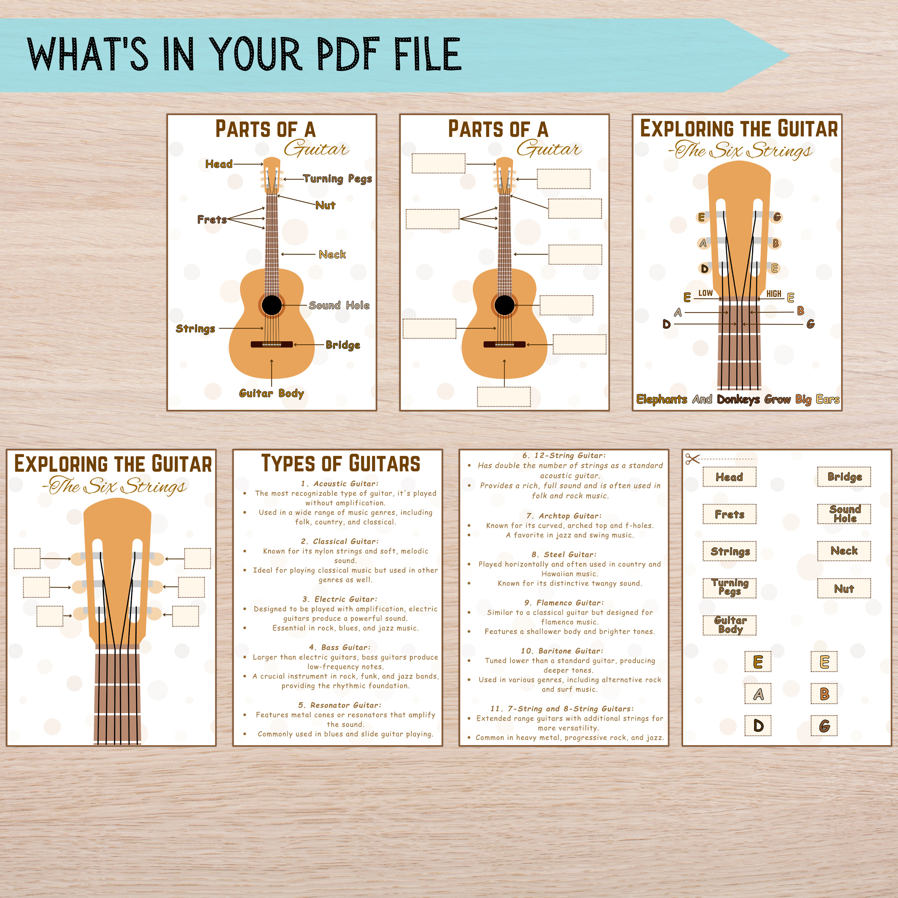 Guitar Lesson Kids Activity: Music Theory Learning Worksheets (digital ...
