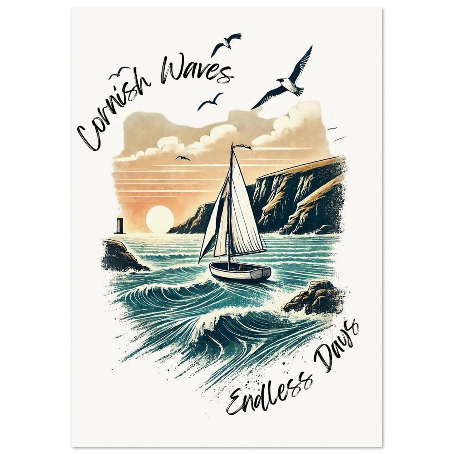 Cornish Waves Poster | Coastal Sailing Print | Museum-quality Matte ...