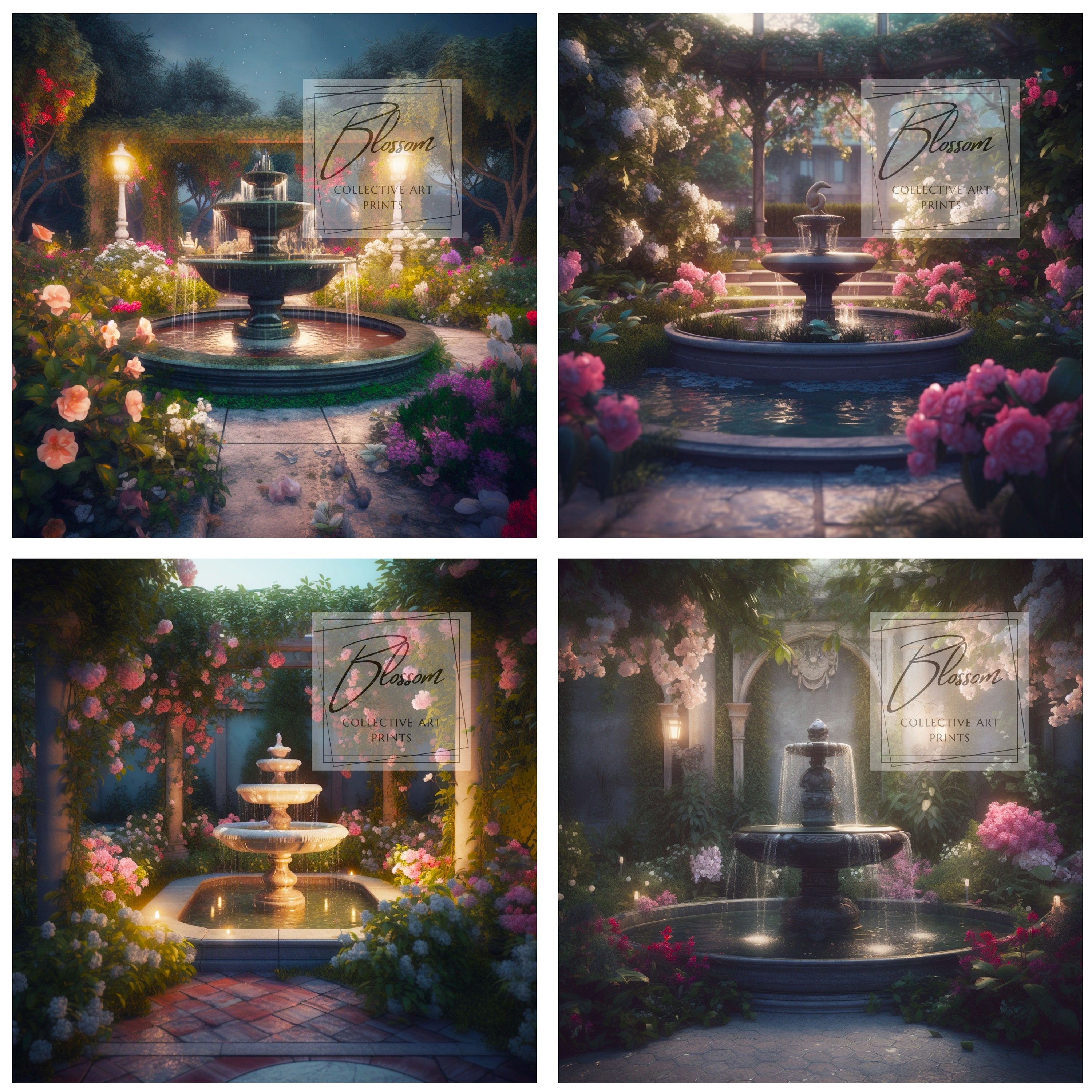 10 X Digital Backdrops, Classic Botanical Garden Fountain Backdrops ...