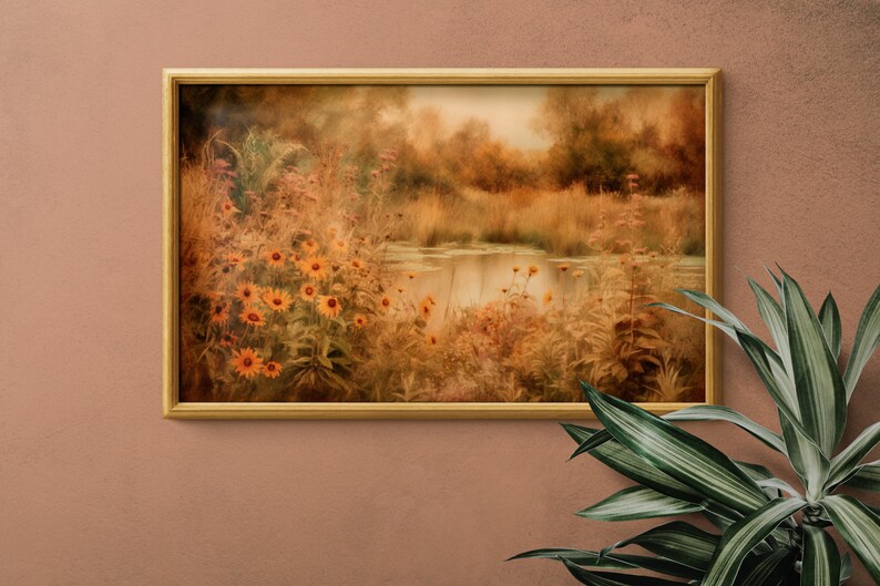 Wildflower Field Landscape Oil Painting, Cottage Art, Vintage Pond ...