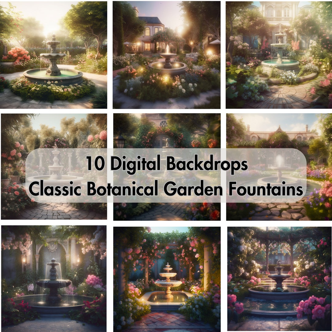 10 X Digital Backdrops, Classic Botanical Garden Fountain Backdrops, Garden Fountain Backdrop ...