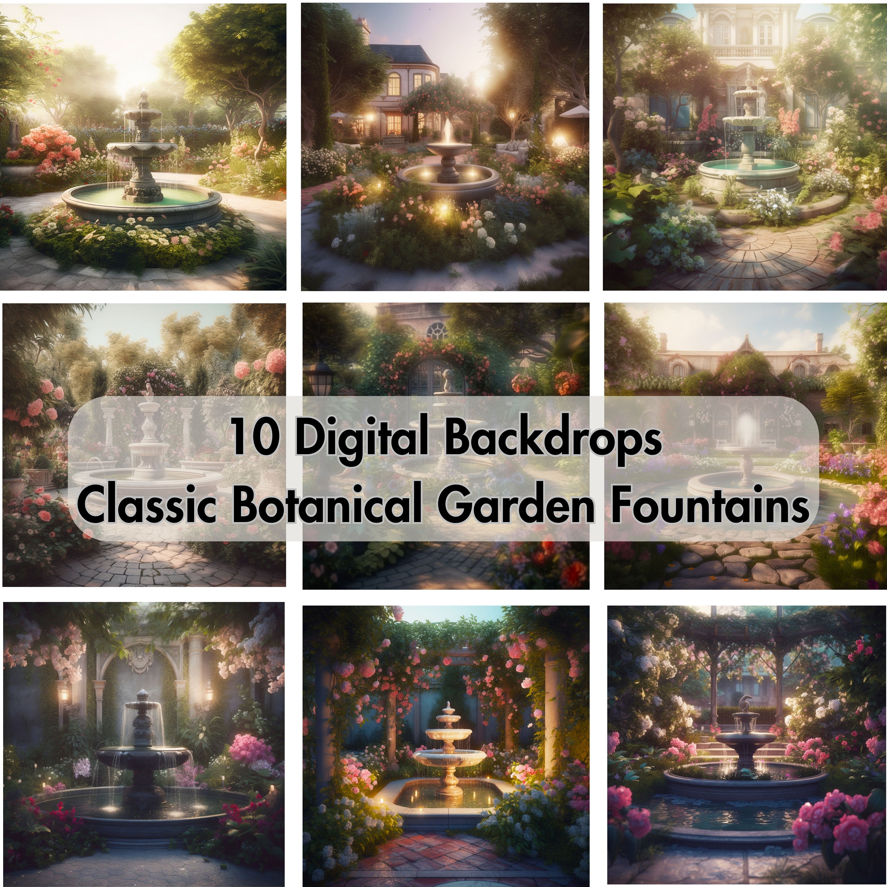 10 X Digital Backdrops, Classic Botanical Garden Fountain Backdrops ...