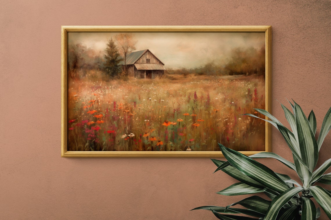 Wildflower Field Landscape Oil Painting, Cottage Art, Vintage Landscape ...