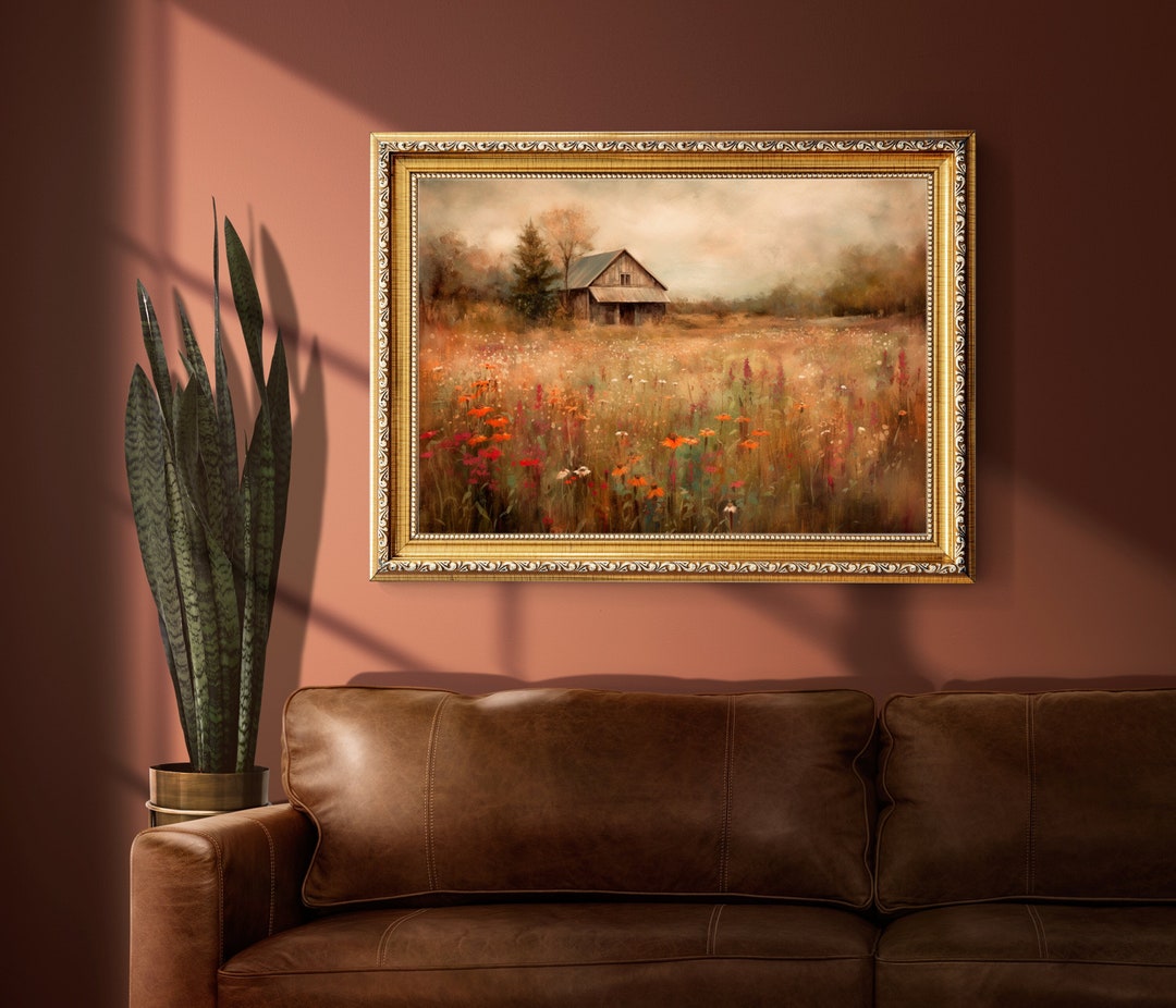 Wildflower Field Landscape Oil Painting, Cottage Art, Vintage Landscape ...