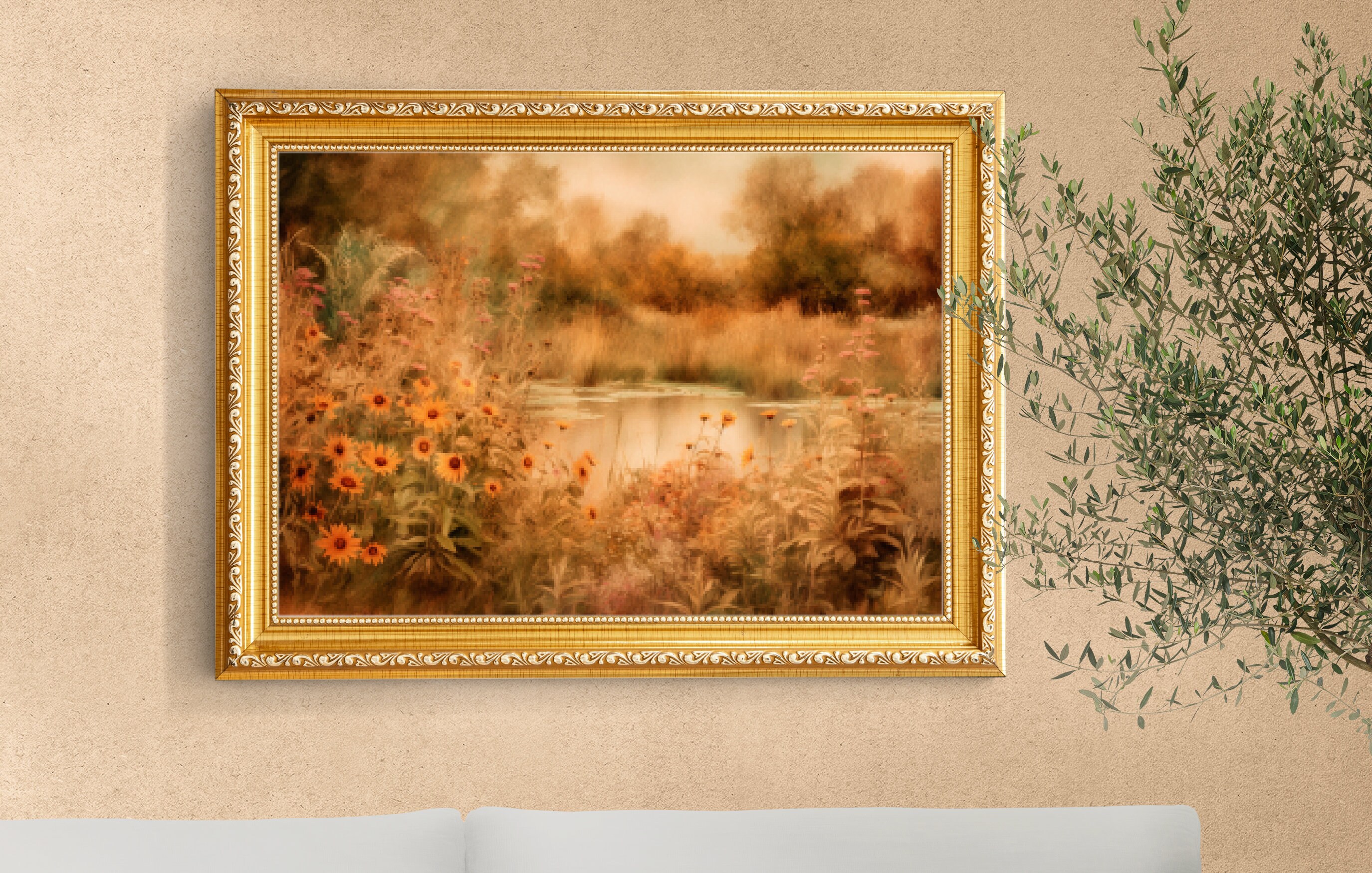 Wildflower Field Landscape Oil Painting, Cottage Art, Vintage Pond ...
