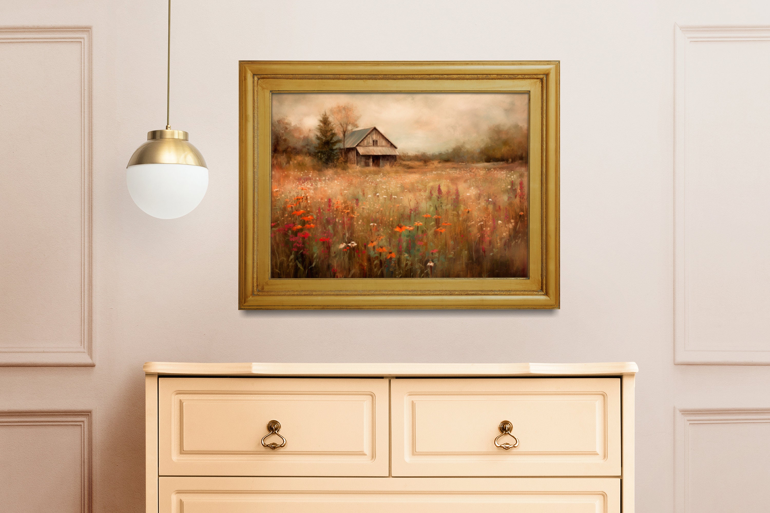 Wildflower Field Landscape Oil Painting, Cottage Art, Vintage Landscape ...