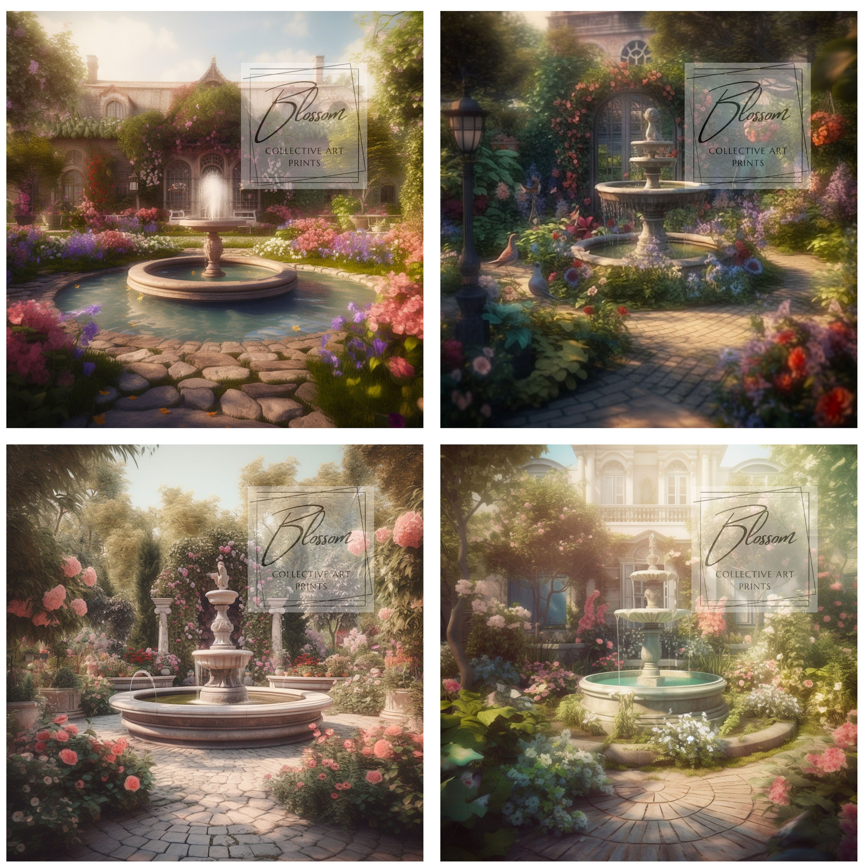 10 X Digital Backdrops, Classic Botanical Garden Fountain Backdrops ...