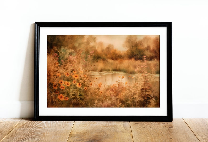 Wildflower Field Landscape Oil Painting, Cottage Art, Vintage Pond ...