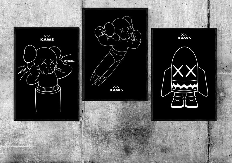 Schwarzweiße Kaws Drucke Poster 3er Set Kaws Kaws Figur Hypebeast ...