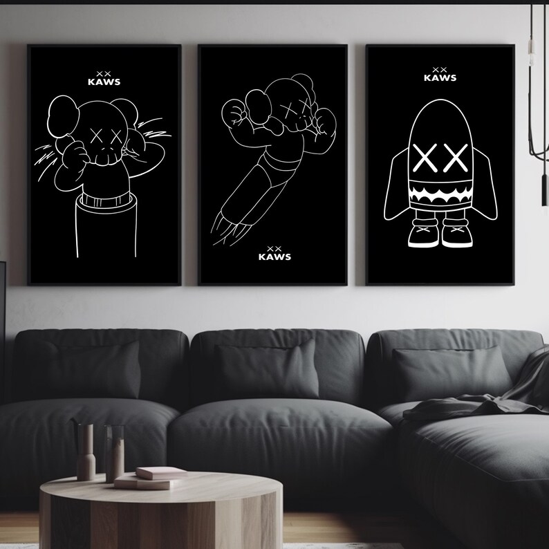 Schwarzweiße Kaws Drucke Poster 3er Set Kaws Kaws Figur Hypebeast ...