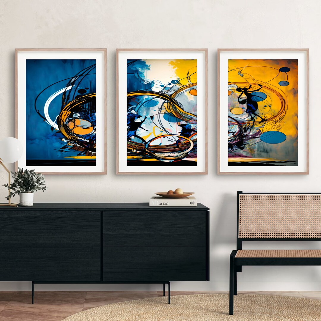 Splashing Blue and Yellow Digital Wallpaper, Set of 3 Printable Wall ...