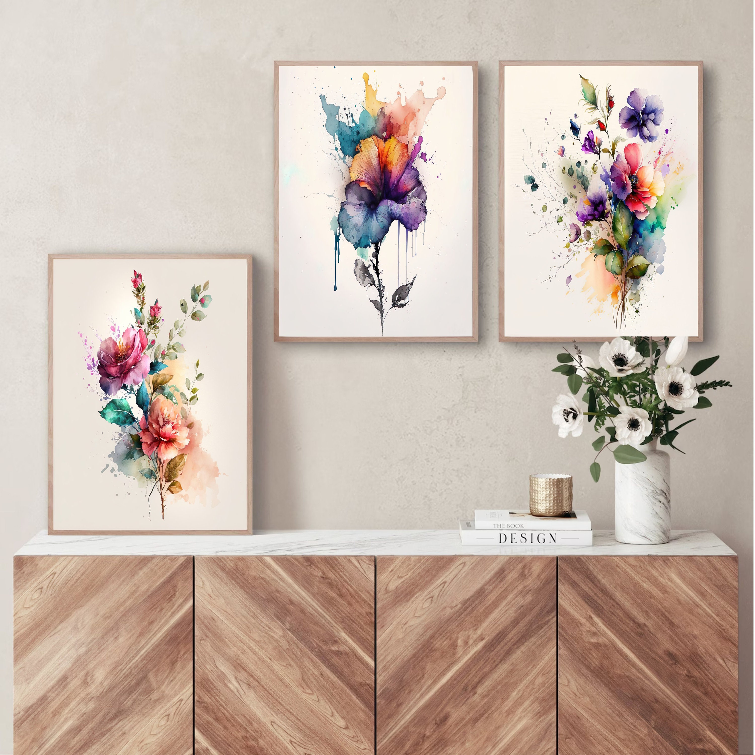 Floral Botanical Colourful Wall Art Set of 3, Tryptic Wild Flower ...