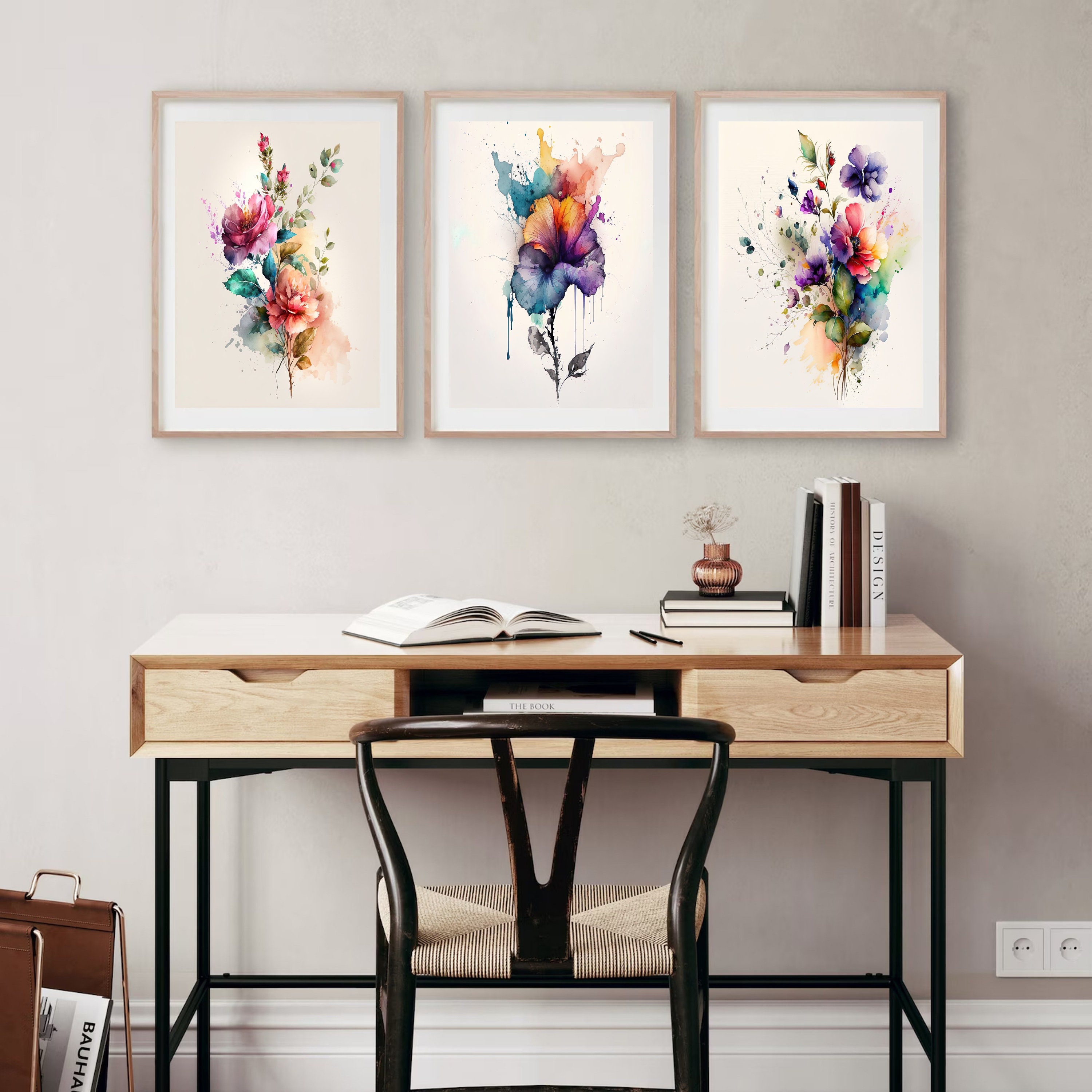 Floral Botanical Colourful Wall Art Set of 3, Tryptic Wild Flower ...