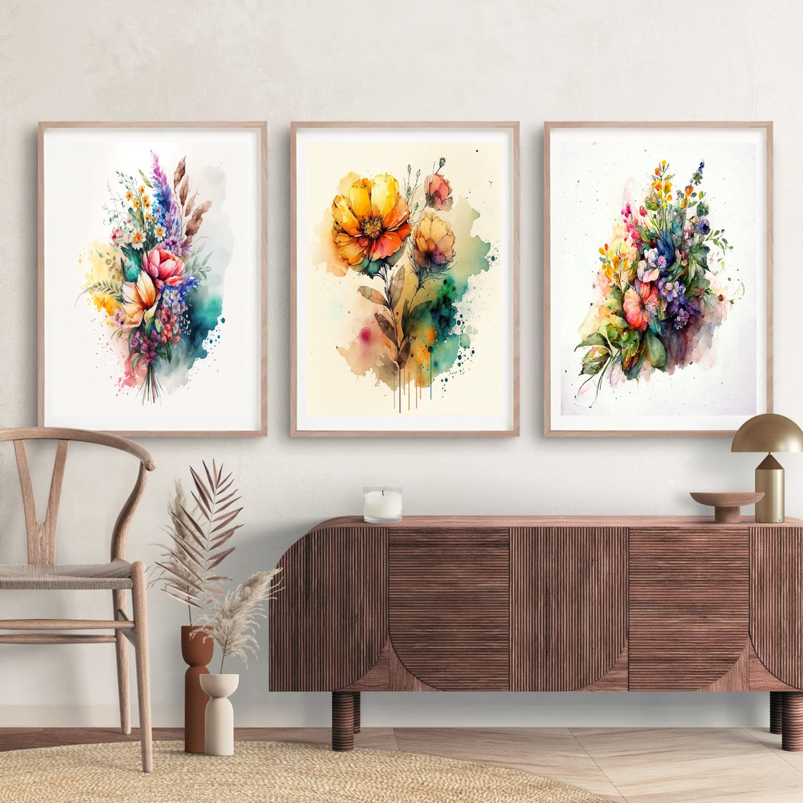 Floral Botanical Colourful Wall Art Set of 3, Tryptic Wild Flower ...