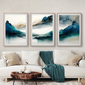 Colorful Watercolor Printable Wall Art Set of 3, Tryptic Abstract Teal ...