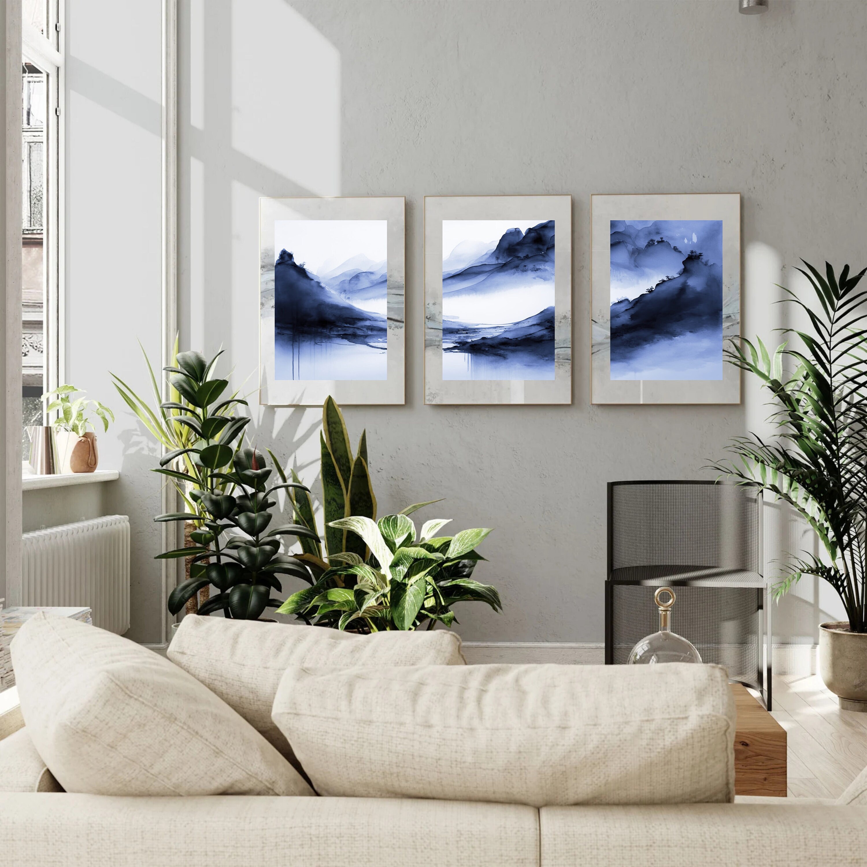 Blue Watercolor Printable Wall Art Set of 3 Tryptic Abstract - Etsy