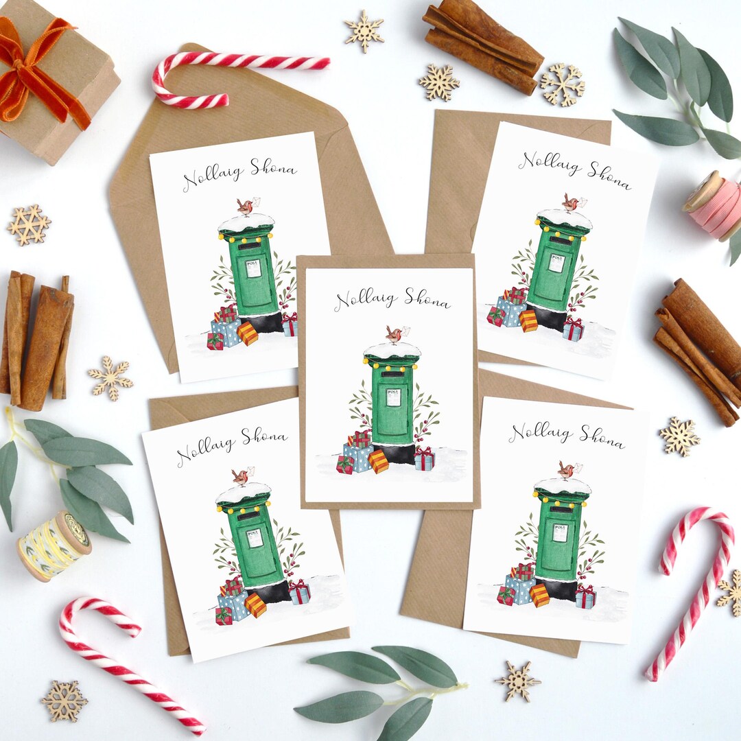 Irish Language 5 Pack Illustrated Christmas Card, Irish Post Box Theme ...