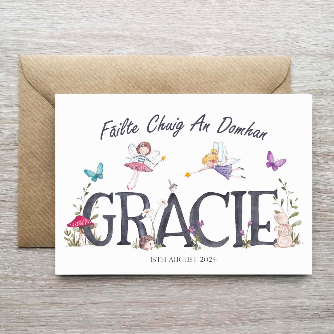 Fairy Themed Irish Language New Baby Card, Personalised New Baby Card ...