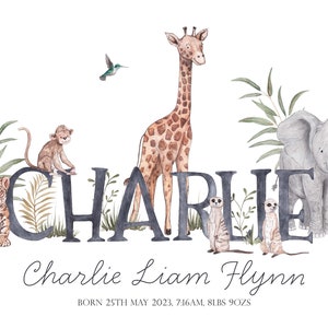 Baby Boys Jungle Animal Name Print Illustration, Nursery Wall Art ...