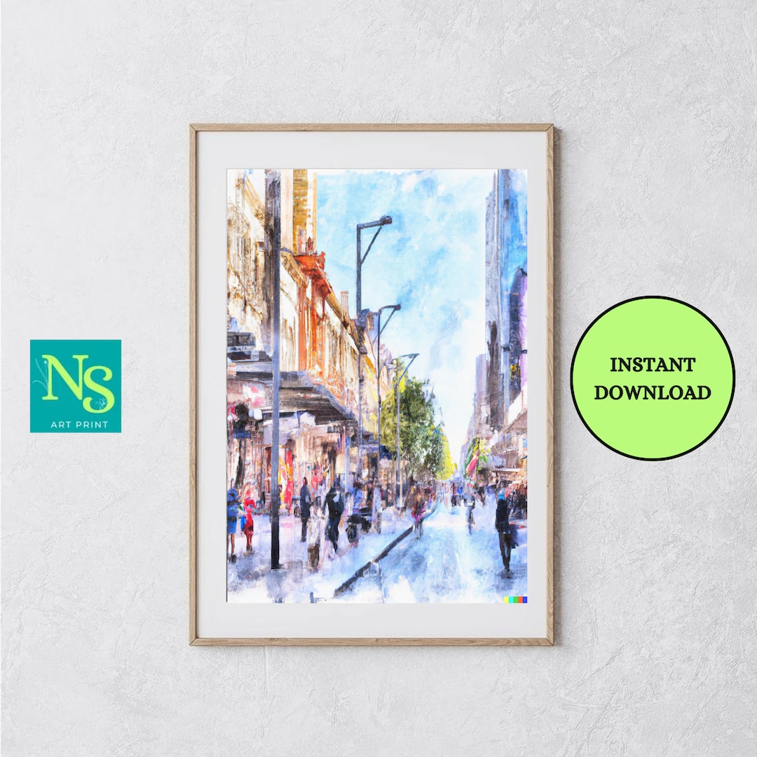 Quaint Shopping Street Art Print Vintage Watercolor Street Art Painting ...