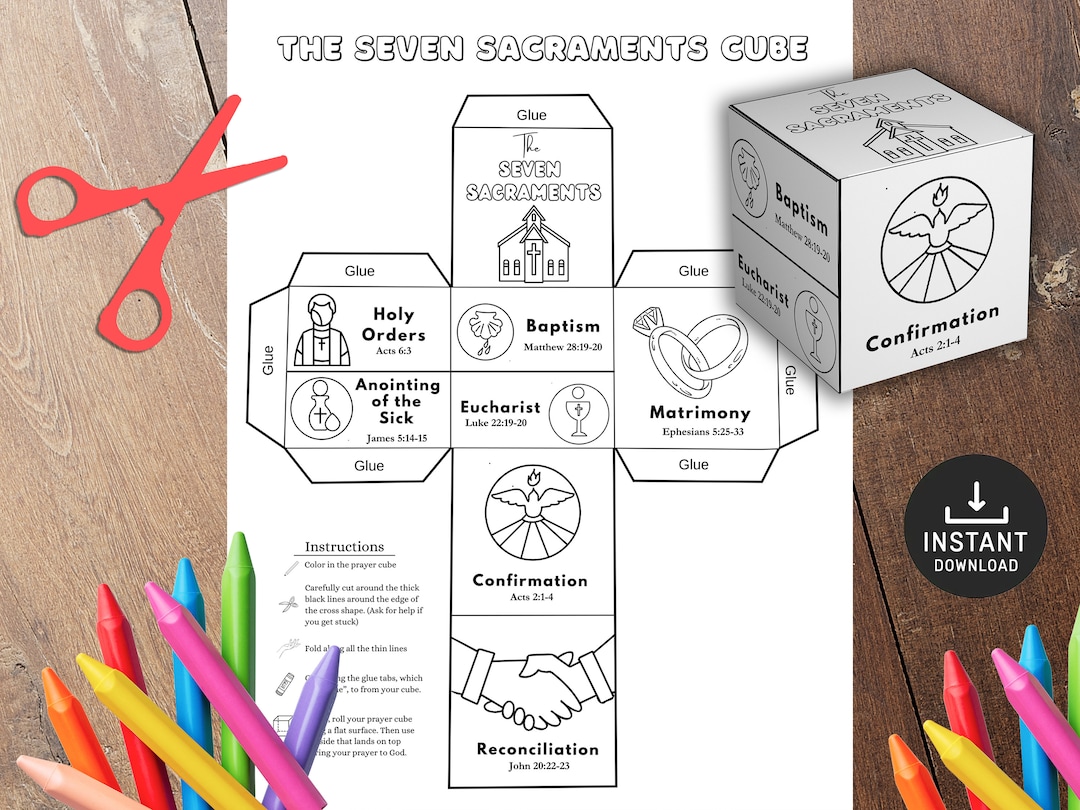 7 Sacraments Cube, Printable Bible Activity, Watercolor, Kids Bible ...