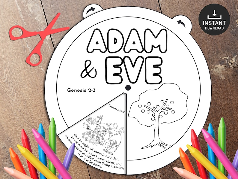 Adam and Eve Coloring Wheel, Printable Bible Activity, Watercolor, Kids ...