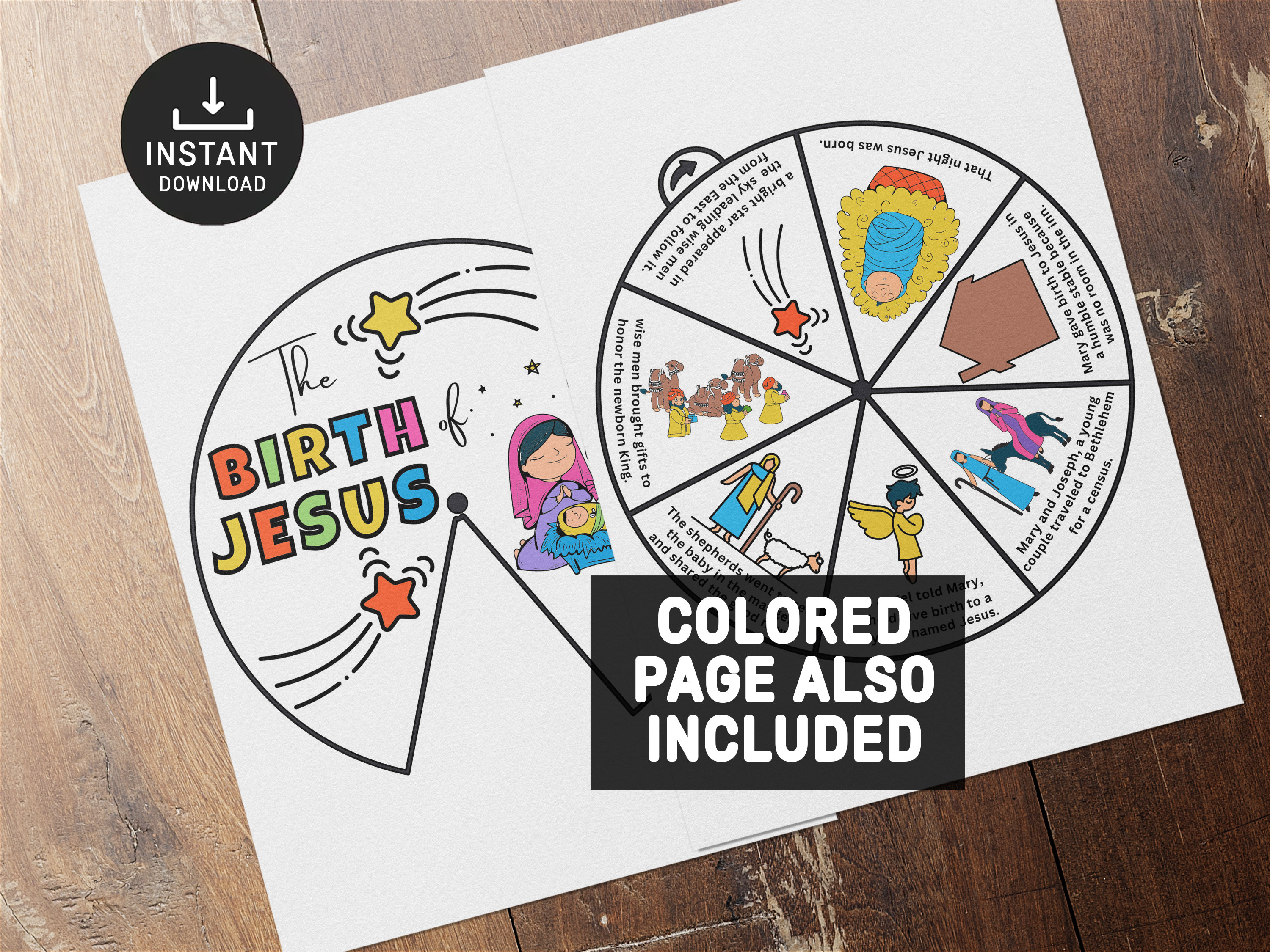 The Birth of Jesus Coloring Wheel, Nativity Christmas Activity, Kids ...