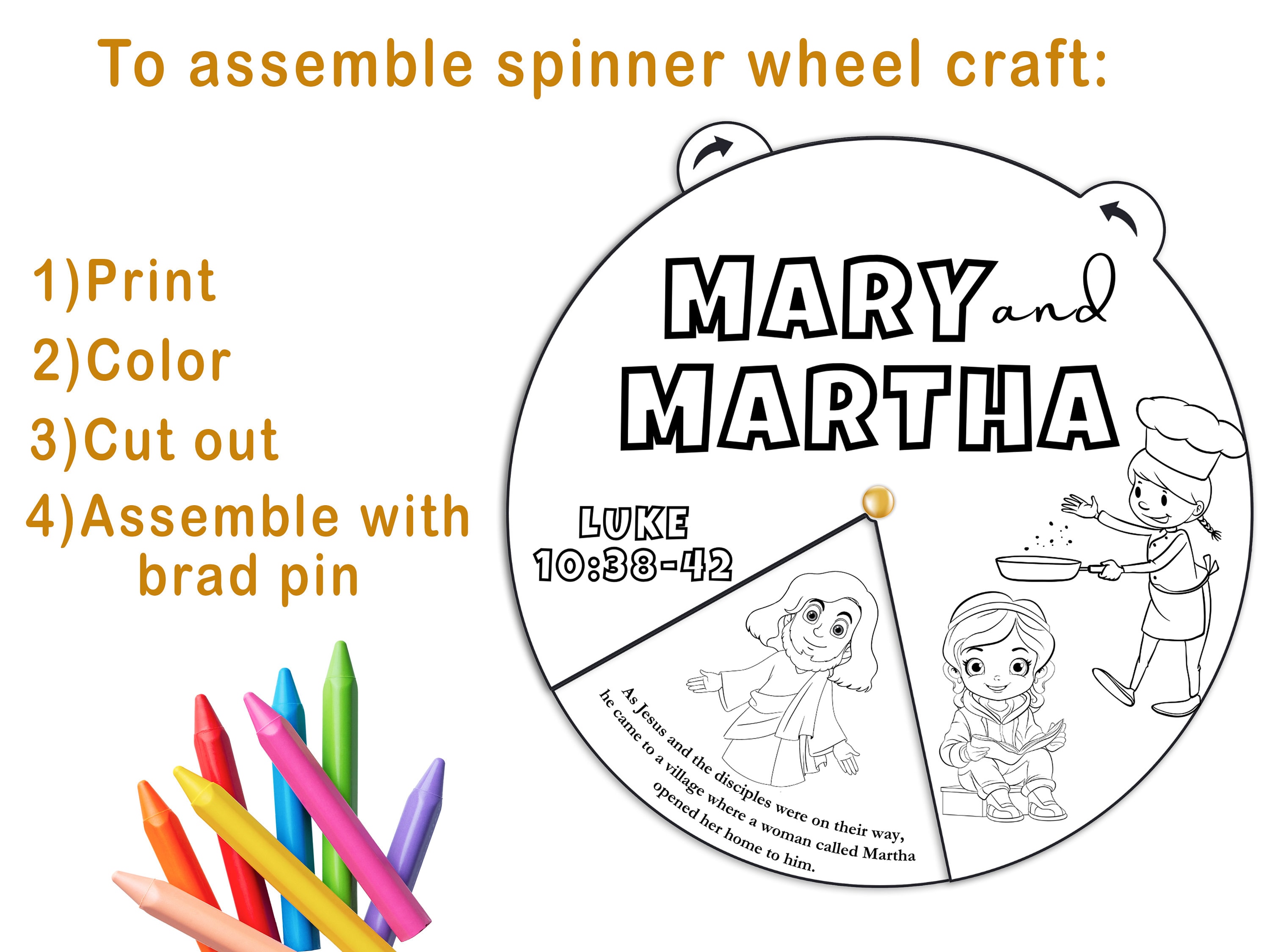 Mary and Martha With Jesus Coloring Wheel, Printable Bible Activity, Watercolor, Kids Bible ...