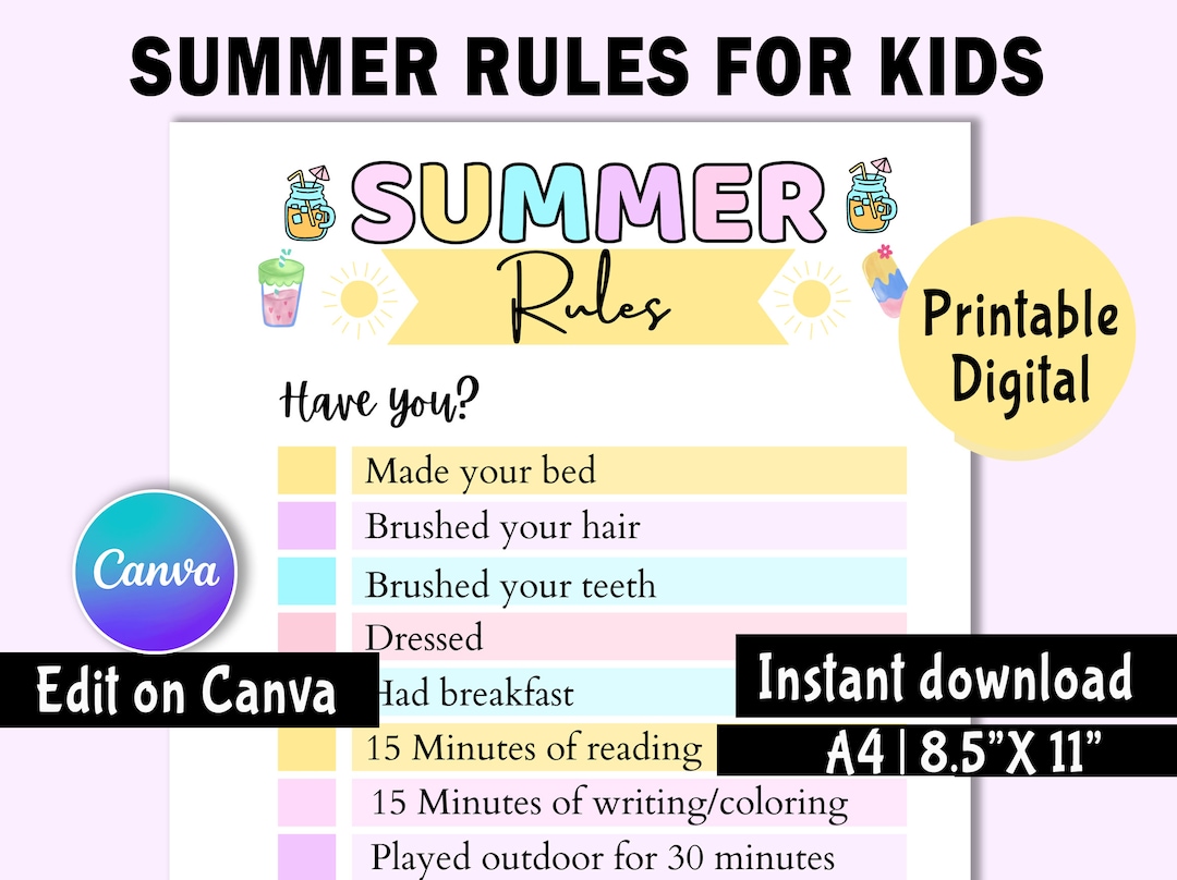 Editable Summer Rules for Kids Printable Summer Rules - Etsy