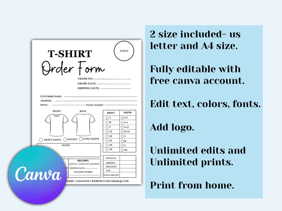 Editable T-shirt Order Form Template, Printable Small Business Order ...