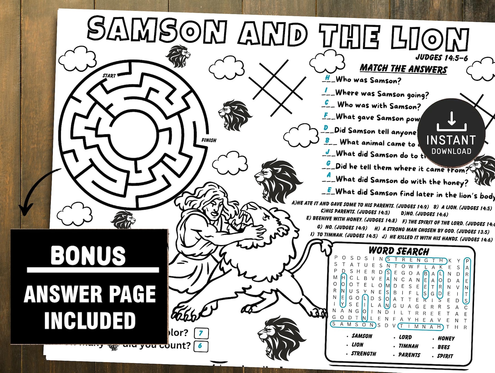 Samson and the Lion Activity Placemat, Bible Activity, Sunday School ...