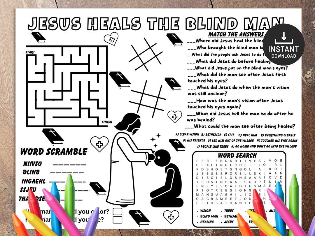 Jesus Heals a Blind Man at Bethsaida Activity Placemat, Bible Activity ...