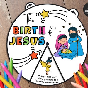 The Birth of Jesus Coloring Wheel, Nativity Christmas Activity, Kids ...