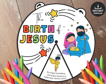 Birth of Jesus Coloring Wheel, Printable Nativity Christmas Activity ...