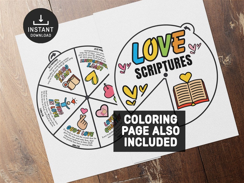 Love Scripture Coloring Wheel, Printable Bible Valentine Activity, Kids ...